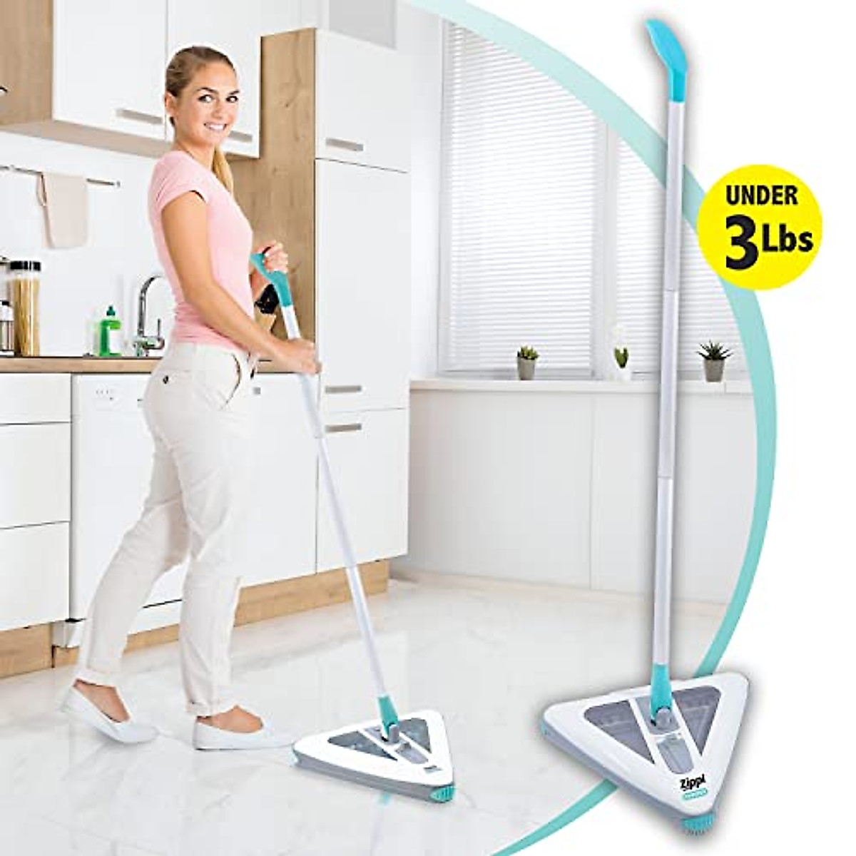 Zippi Sweeper, Powerful and Lightweight Sweeper, Perfect for Carpet Hardwood and Tile, Triangular Design Allows for Sweeping in Corners