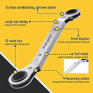 AZUNO 6 pcs Double Offset Box End Reversible Ratcheting Wrench Set, Metric, Ratchet Spanner Crooked for Narrow Spaces