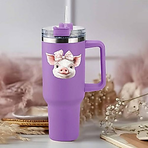 LB LEOBON 40 ounce insulated cup with handle, double-layer vacuum stainless steel material, equipped with straw, can keep warm or maintain cold drinks Pink Piggy Bow Deep purple