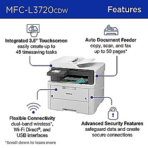 Brother MFC-L3720CDW Wireless Digital Color All-in-One Printer with Laser Quality Output, Copy, Scan, Fax, Duplex, Mobile Includes 2 Month Refresh Subscription Trial ¹ Works with Alexa