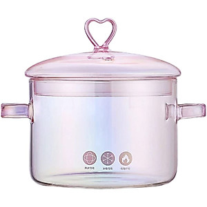 YARNOW Clear Glass Stock Pot, Glass Saucepan, Clear Glass Cooking Pot with Lid, Double Handles (53 Oz/1.5 L, Heart Lid, Pink)