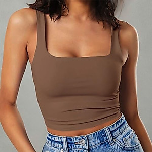 Artfish Women's Sleeveless Strappy Seamless Crop Tank Tops Square Neck Workout Fitness Basic Cropped Camis (Mocha Brown, S)