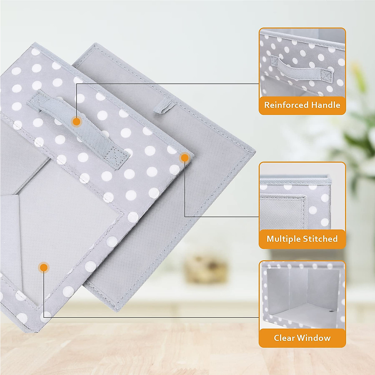 Utureal 11 Inch Fabric Cube Storage Bins with Clear Window, Collapsible Closet Shelves Storage Boxes with Handle, Kids Nursery Room Bedroom Home Basket, Toys Clothes Organizer Bin | Grey, Polka Dots