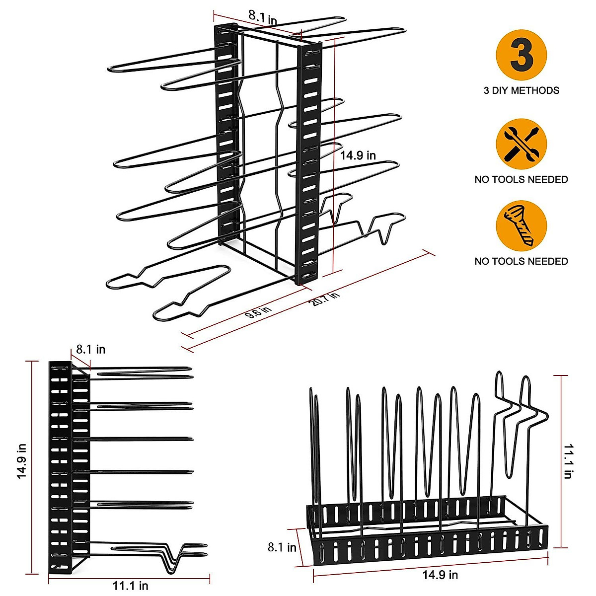 Devan Pots and Pans Organizer Adjustable 8+ Pots and Pans Oragnizer, Kitchen Counter and Cabinet Pot Lid Holder with 3 DIY Methods (6 Hooks Included)