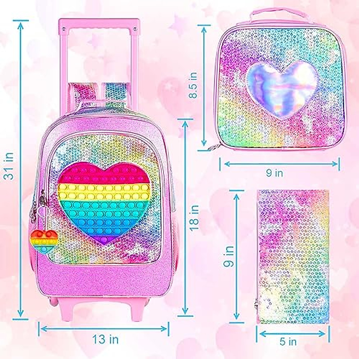 CCJPX 3PCS Kids Rolling Backpack for Girls, Unicorn Roller Wheeled Bookbag Toddler Elementary School Bag with Wheels Pink