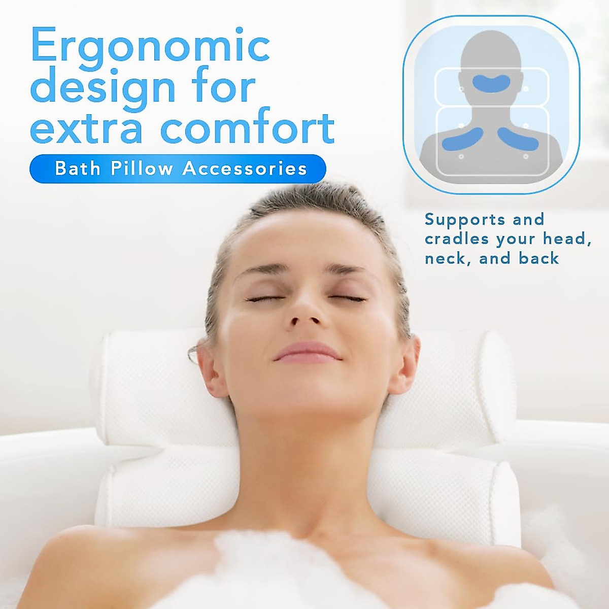 BASIC CONCEPTS Bathtub Pillow for Neck and Back Support with Drying Hook, Bathtub Pillow Machine Headrest for Soaking & Straight Back Tubs - Bath Accessories, Machine Washable, 6 Suction Cups