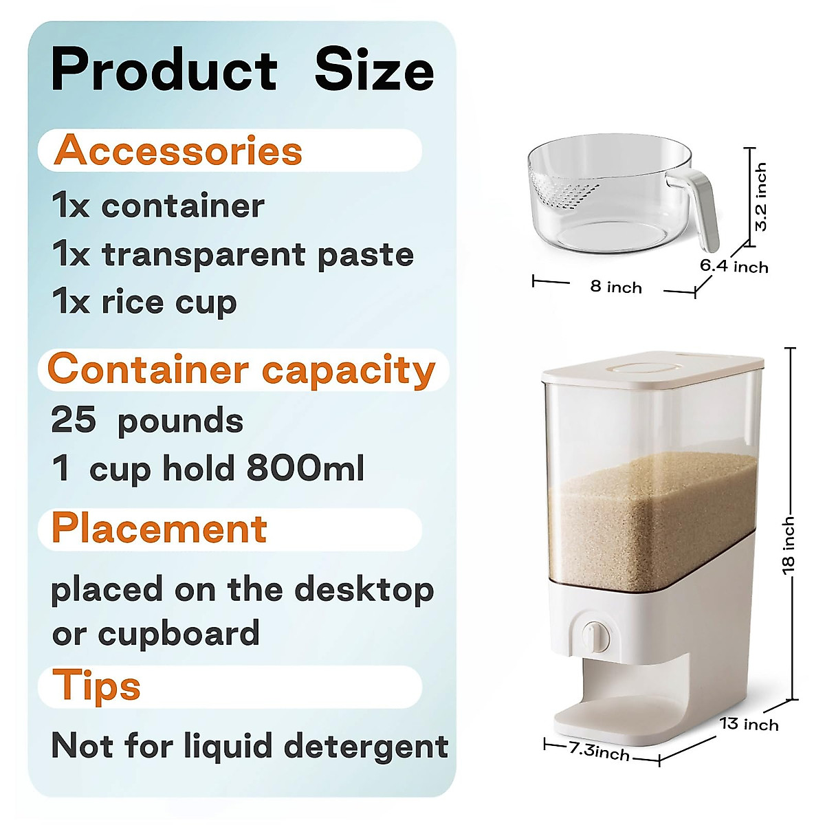 LivLab 22-25lbs Rice Dispenser, 10.5 Qt/10L/25 lbs Grain Storage Container with Measuring Cup Cereal Dispenser Cereal Bucket for Kitchen Pantry Organization