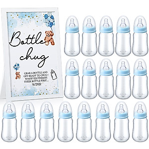Roowest Bottle Chug Baby Shower Game Favors including Bear Theme Bottle Chug Game Wooden Sign and 18 Pcs Blue Baby Bottles for Baby Shower Game Gender Reveal Party Supplies