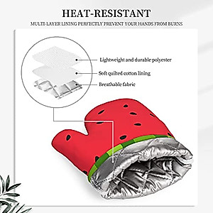 1 Pair Thickened Cartoon Watermelon Kitchen Silicone Oven Mitts, Summer Fruit Waterproof Polyester Pot Holder Gloves for Grilling Microwave