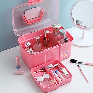 Kinsorcai 11'' Plastic Storage Box with Removable Tray, Multipurpose Organizer and Storage Case for Art Craft and Cosmetic (Pink)