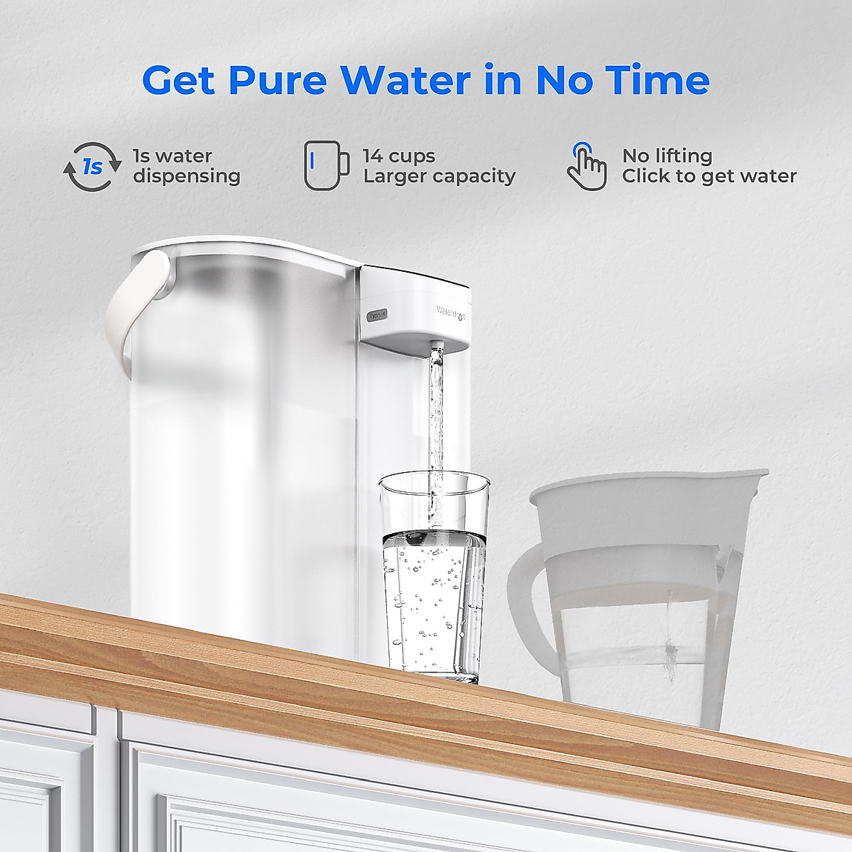 Waterdrop Compact Electric Water Filter Pitcher, Dispenser, 200-Gallon Water Filter for Fridge, NSF/ANSI 42&53&401, Reduce PFAS, Lead, Chlorine, 14-Cup, White, with 1 Filter, Does not Lower TDS
