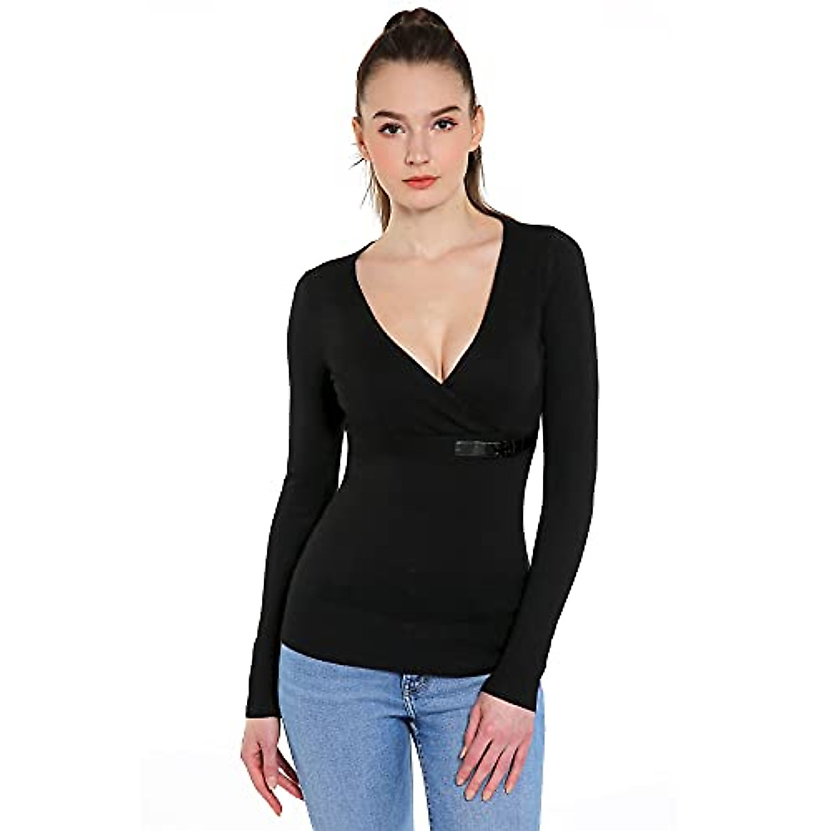 AmélieBoutik Women V Neck Crossover Buckle Long Sleeve Pullover Sweater (Black Medium)