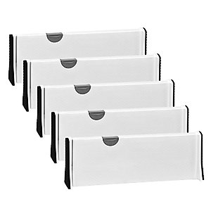 JONYJ Drawer Dividers Organizer 5 Pack, Adjustable Separators 4" High Expandable from 11-17" for Bedroom, Bathroom, Closet,Clothing, Office, Kitchen Storage, Strong Secure Hold, Foam Ends（White）