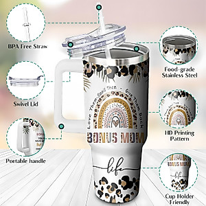 Ksoemar 40 Oz Best Bonus Mom Tumbler with Handle and Straw, Double Wall Stainless Steel Best Bonus Mom Cups, Step Moms Gifts for Ideas for Birthday, Mothers Day For Stepmoms, Mother