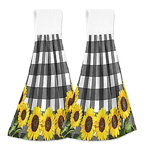 Kcldeci Sunflower Hanging Towels Kitchen Dish Towels with Hanging Loop Buffalo Check Plaid Absorbent Dish Clothes Kitchen Wears Hanging Tie Towels Set of 2