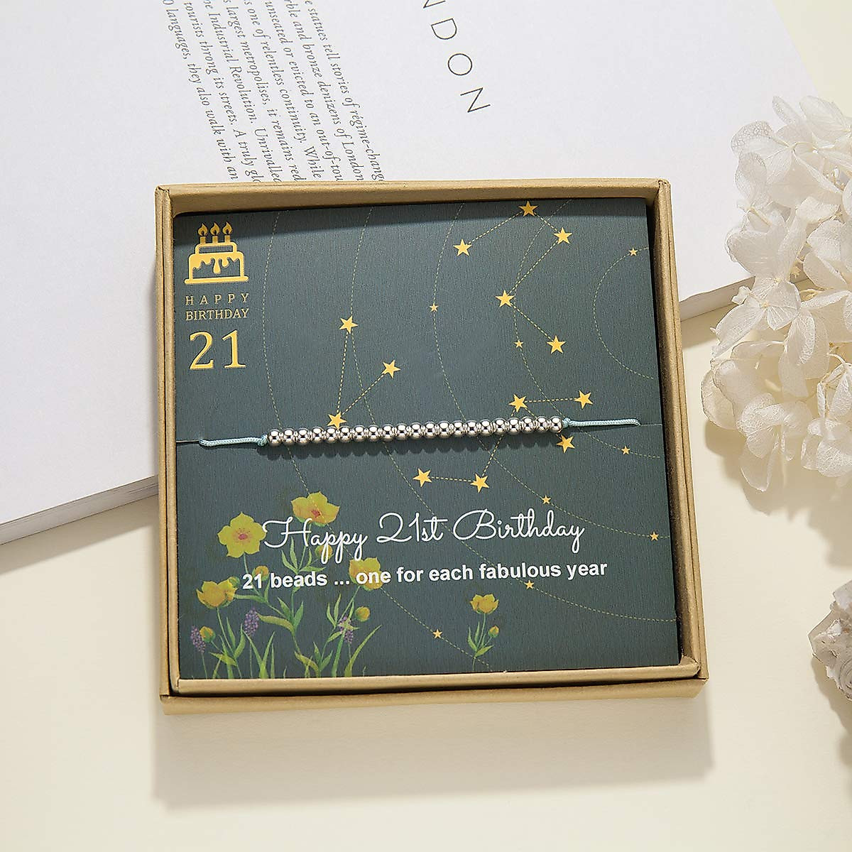 AnotherKiss Happy 21st Gifts for Her - Sterling Silver Bead Bracelet for 21st Birthday Gift, Adjustable Jewelry 7" - 10" Cord