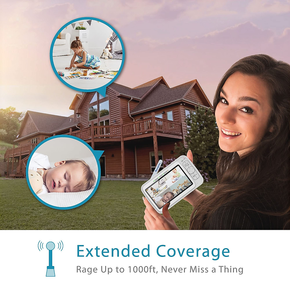 Low EMF Long Range 5" HD Baby Monitor with Camera and Audio, Auto Noise Reduce, PTZ Camera, Baby Room Temperature Sensor, Auto Night Vision, Lullaby