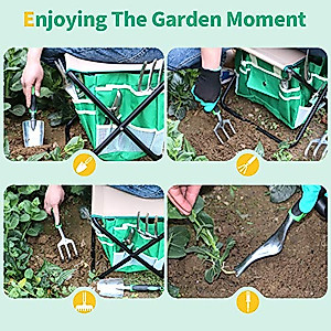 Yongkist 9 PCS All-in-one Garden Tools Set, Heavy Duty Cast-Aluminium Alloy Gardening Tools Kit with Folding Stool Seat&Detachable Canvas Tool Bag , Non-Slip Rubber Grip, Outdoor Hand Tools