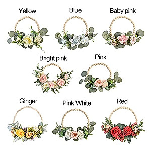 YHNJI Artificial Flower Wreath,Wood Beads Flower Wreath,Farmhouse Hoop Wreath with Flowers,Simulation Wood Beads Door Wreath,Artificial Spring Flowers Garland for Front Door Decor, Blue, 33cm/13.65in