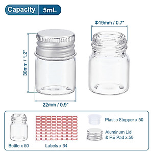 PATIKIL 5ml Clear Glass Vials, 50 Pack Small Liquid Sample Vial with Screw Caps Plastic Stoppers and 64 Labels Leak-Proof Bottles Empty Jars