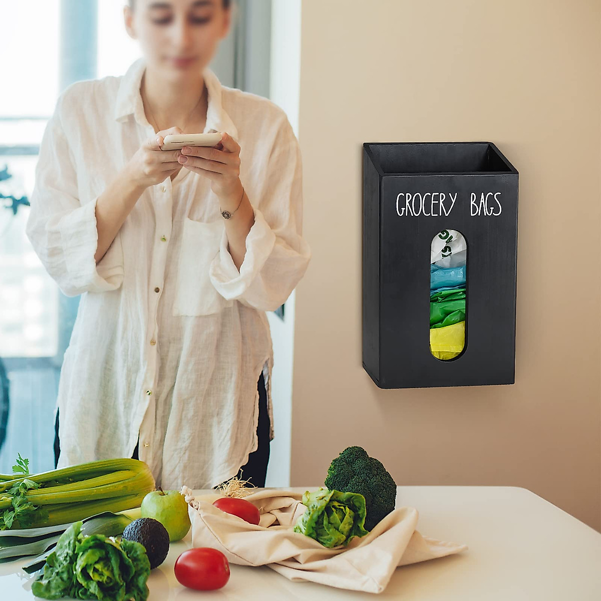 Farmhouse Wooden Grocery Bag Holder and Dispenser, Wall Mounted Plastic Bag Holder and Dispenser with Extra-Wide & Easy-Access Openings, Garbage Bag Dispenser Anti-Fingerprint Rustic Finish Bags Saver