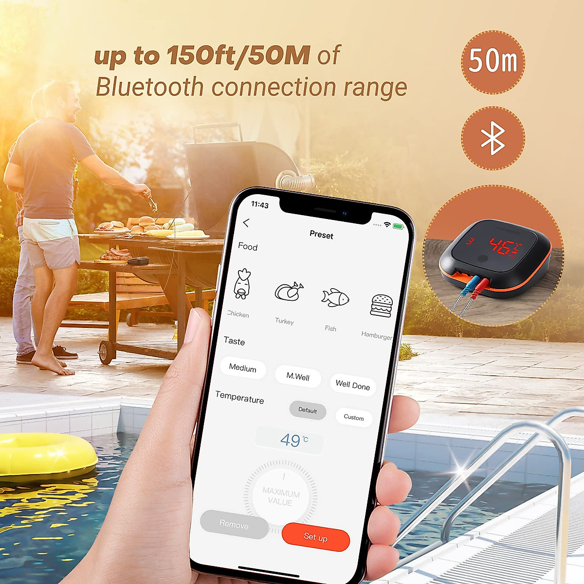 INKBIRD150ft Bluetooth Grill Meat Thermometer, Meat Thermometer for BBQ, Grilling,with Rotatable Screen,Temperature Alarm, Timer