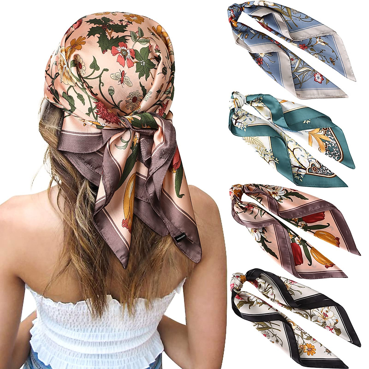 CHLINS 27 Inches Silk Feeling Square Head Scarf - 4 Pcs Satin Square Head Scarves for Women Hair Bandanas Head Kerchief Sleeping Wrap Neckerchief(Black+Grey+Coffee+Green)