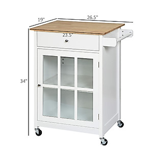 HOMCOM 27" Rolling Kitchen Island Cart with Drawer and Glass Door Cabinet, Kitchen Trolley with Adjustable Shelf and Towel Rack, White