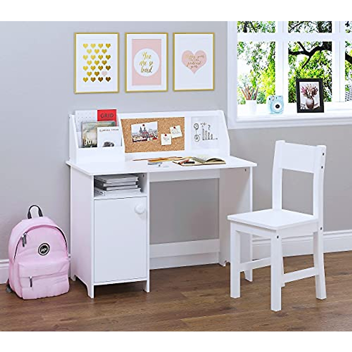 UTEX Kids Study Desk with Chair, Wooden Children School Study Table with Hutch and Chair for 3-8 Years Old, Student's Study Computer Workstation & Writing Table for Home School Use,White