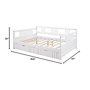 HYC Wood Full Size Daybed with Drawers Storage, Teens Adults Dual Use Sofa Bed for Bedroom, White