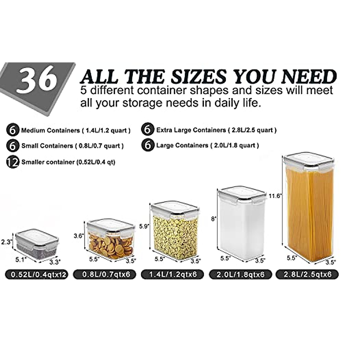 VERONES Cereal Storage Container Set, 36pcs Airtight Food Storage Containers, BPA Free Kitchen Pantry Organization for Flour, Sugar, Cereal Plastic Canisters with Black Locking Lids