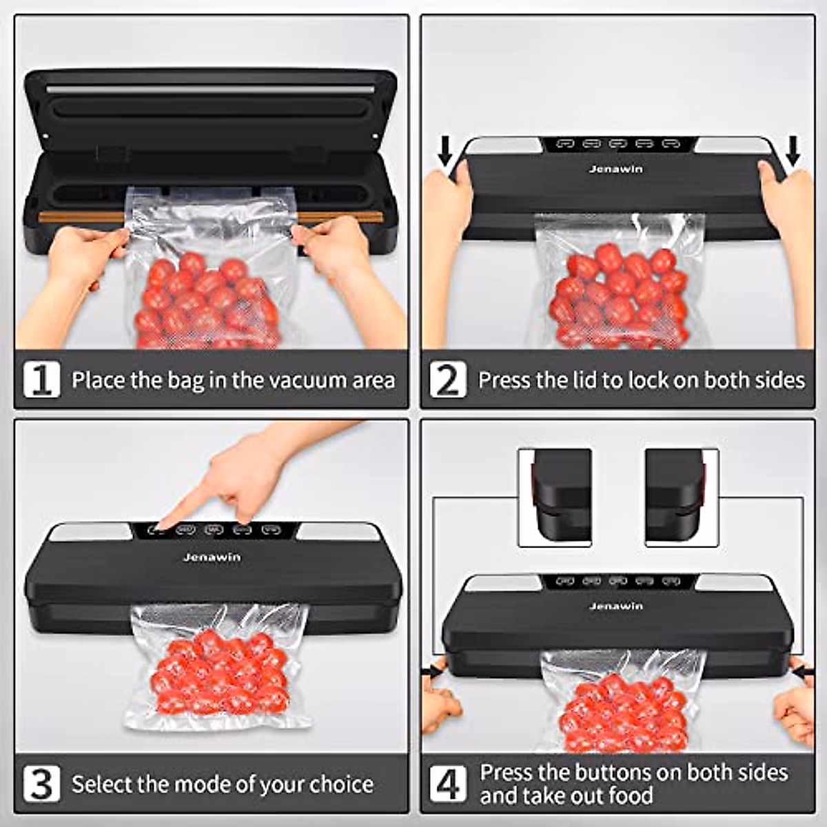 Jenawin Vacuum Sealer Machine,80kpa Full Automatic Food Seal a Meal Sealer,Portable Dry/Moist for Airtight Food Storage with 20 Vacuum Seal Bags & 1 Air Suction Hose and Cutter Kit