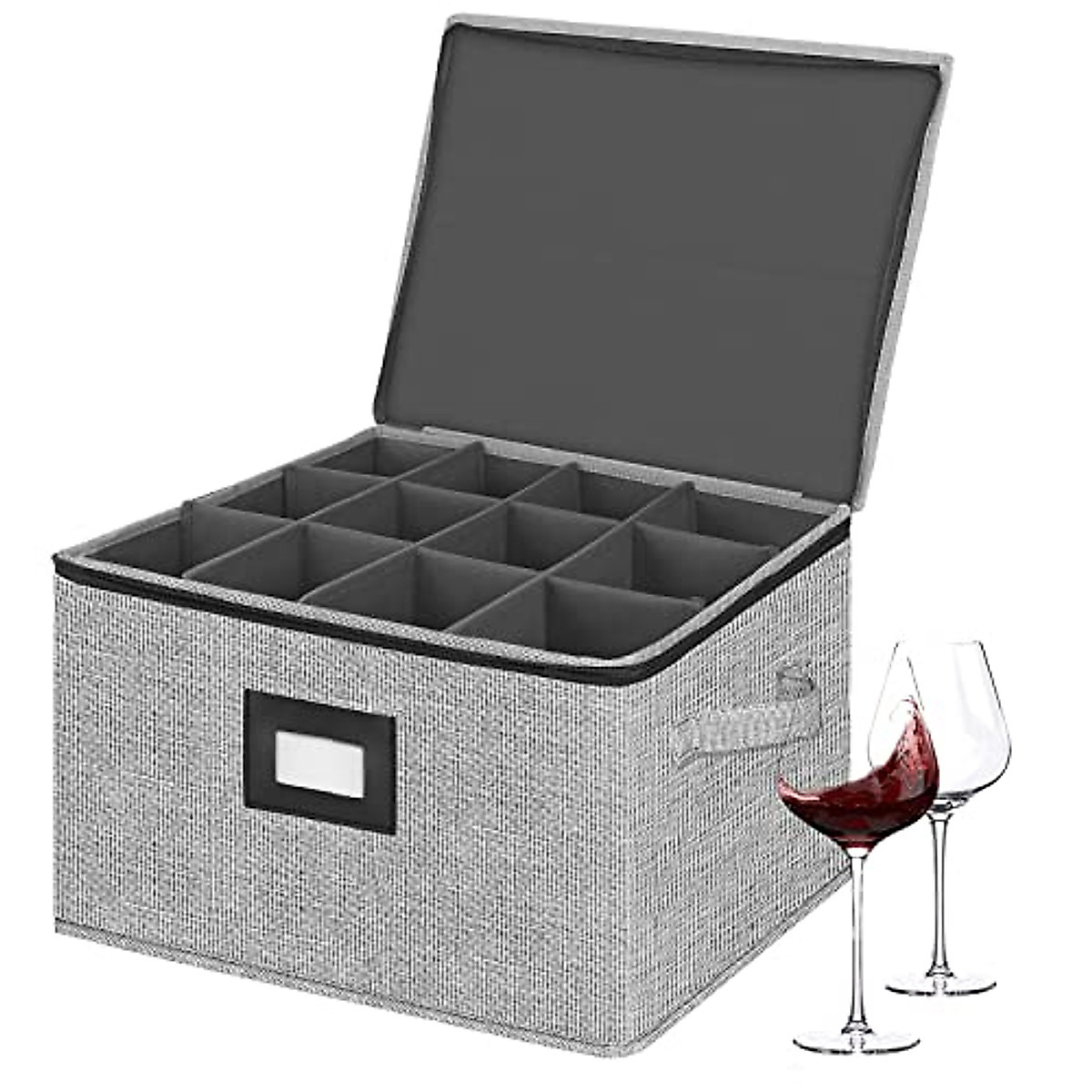 homyfort Wine Glass Storage Boxes with Dividers,China Storage Containers Stemware Chest Boxes Holds 12 Wine Glass or Crystal Glassware with Label Window and Handles,Hard Shell and Stackable (Grey)