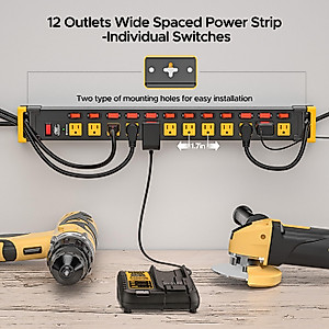 CRST 12 Outlets Heavy Duty Power Strip Surge Protector with Individual Switches, Metal Mountable Power Strip with Cord Manager, 9FT, 1020J, 15A/1875W (Black+Yellow) for Garage, Workshop, Shop, Home