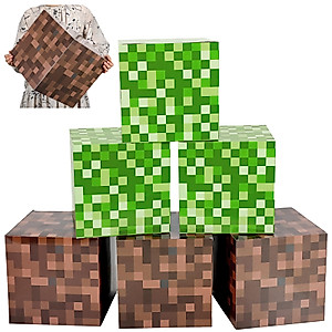 Outus 6 Pcs Large Pixel Mine Party Boxes 11.8 Inch Halloween Trunk or Treat Car Decoration Pixel Miner Video Gaming Box Pixelated Party Favor Vintage Grass Green Brown Birthday Centerpieces Xmas