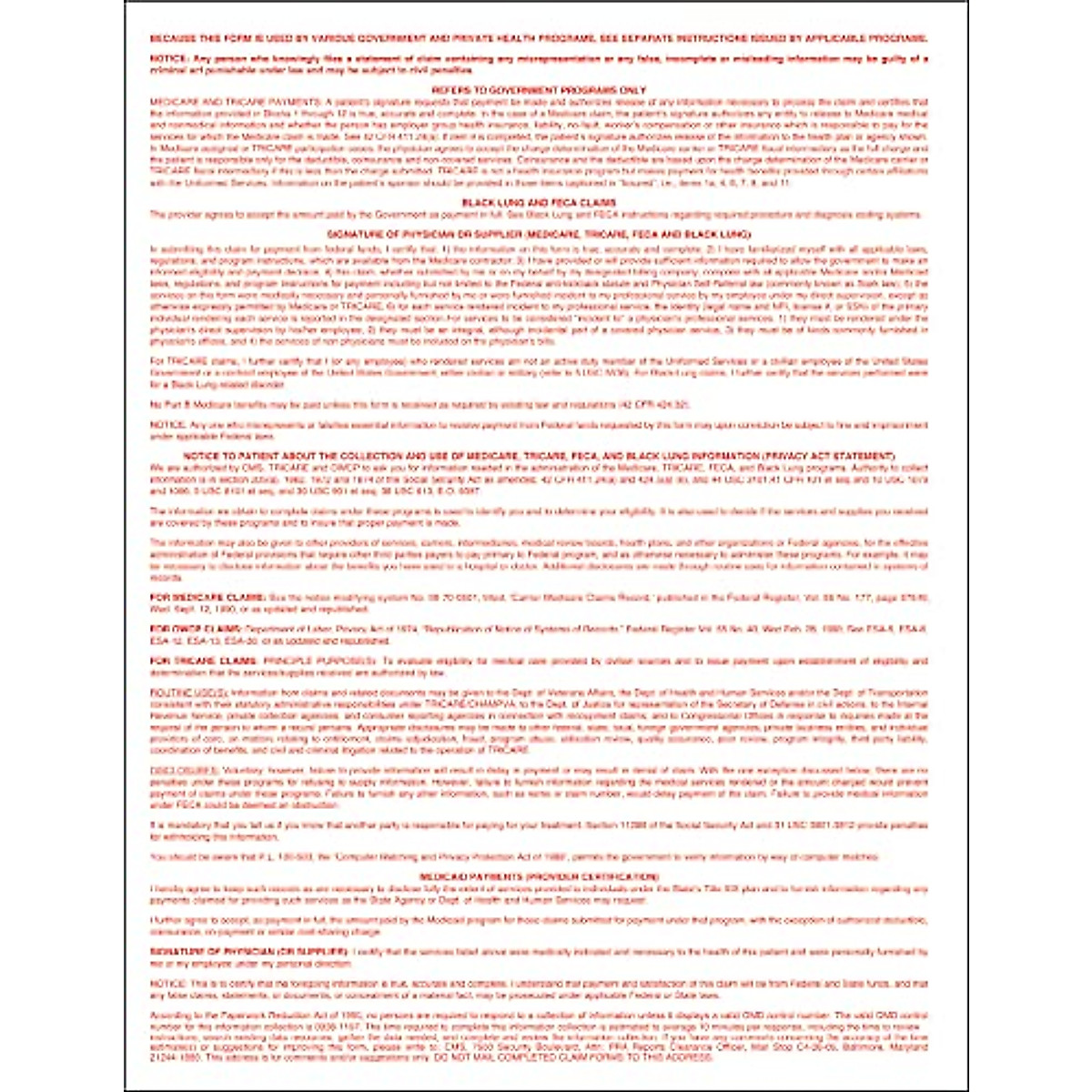 CMS 1500 Claim Forms - HCFA (Version 02/12) 2,500 Sheets, Approved OMB-0938-1197