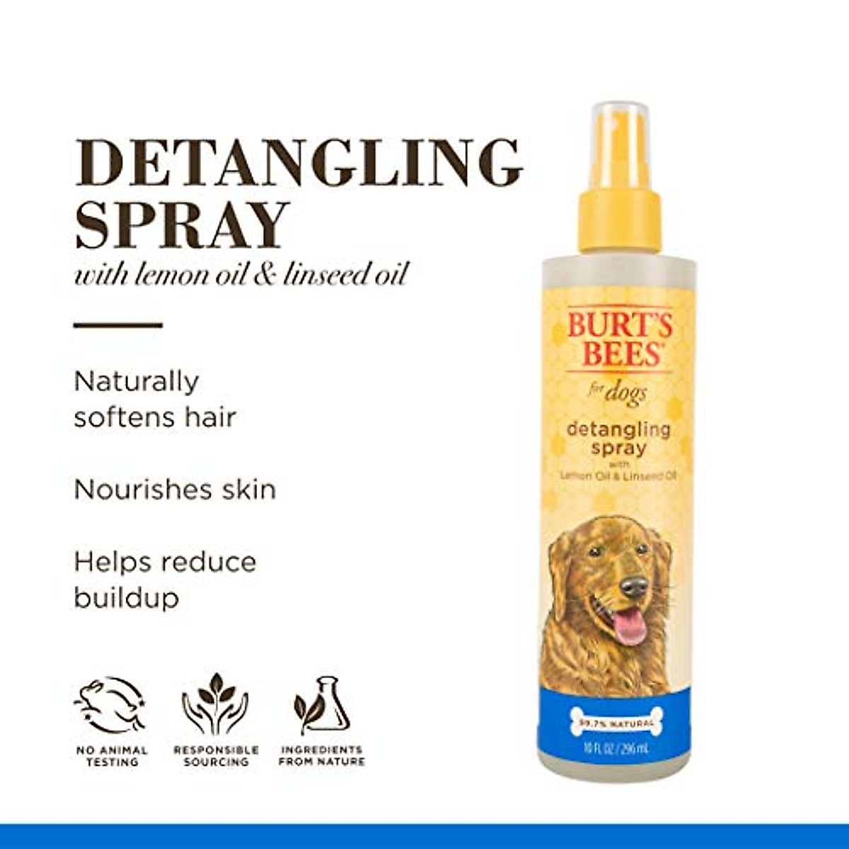 Burt's Bees for Dogs Natural Detangling Spray With Lemon and Linseed | Dog and Puppy Fur Detangler Spray to Comb Through Knots, Mats, and Tangles- Made in the USA, 10 Ounces