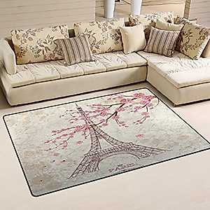 Yochoice Non-Slip Area Rugs Home Decor, Vintage Paris Eiffel Tower with Pink Cherry Blossom Floor Mat Living Room Bedroom Carpets Doormats 31 x 20 inches