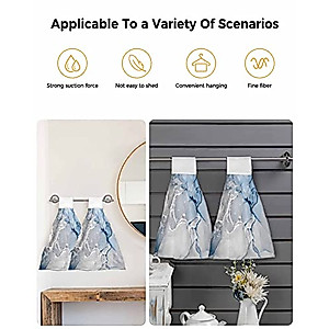 BOBOWUNY Marble 2 Pcs Hanging Kitchen Hand Towels, Modern Abstract Ombre Blue Grey Farmhouse Super Soft Microfiber Tie Towels Aborbent Washcloth for Bathroom Oven Tea Bar