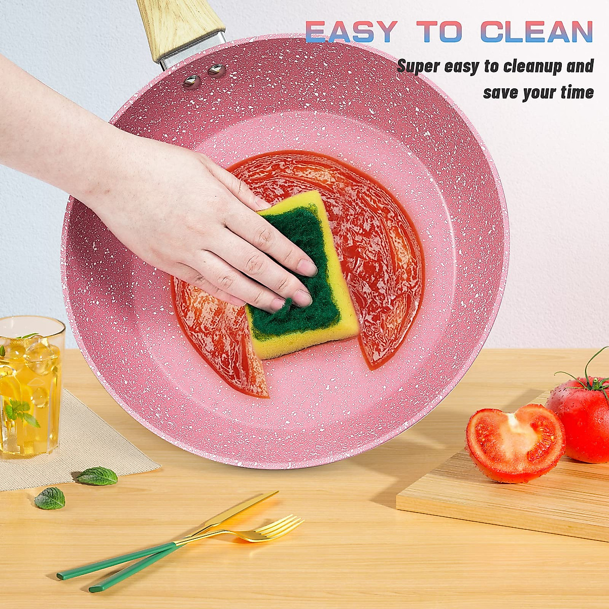 Nonstick Cookware Sets, 8 Piece Pots and Pans Set, Granite Stone Non Stick Frying Pan Set with Stay Cool Handles, Pink kitchen Sets 100% PFOA-Free, Toxin-Free, Induction Compatible