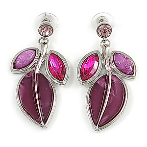 Avalaya Statement Purple/Magenta Glass, Crystal Leaf Necklace and Drop Earrings In Rhodium Plating - 40cm L/ 8cm Ext