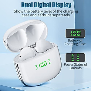 PocBuds Bluetooth Headphones Wireless Earbuds 50Hrs Playtime with Wireless Charging Case Dual Digital Display Waterproof Immersive Stereo in-Ear Earphones with Mic for Phone TV Computer Android White
