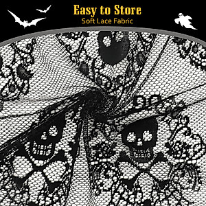 Simplebrand Black Lace Halloween Tablecloth Runner 52 x 52Inch, Rectangular Skull Lace Tablecloth with Tassel for Halloween Party, Pumpkin Table Cover Halloween Table Decorations