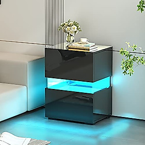 SUPERJARE LED Nightstands Set of 2, 23.7''H LED Night Stands, High Gloss Drawers, Bed Side Tables with LED Lights, Remote, Tall Modern Nightstands, Night End Tables, for Bedroom - Black