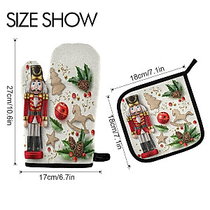 Winter Nutcracker Oven Mitts and Pot Holders Set, Cartoon Kitchen Cook Oven Gloves Mitt Potholders Heat Resistant Pot Holder for Baking Grilling BBQ