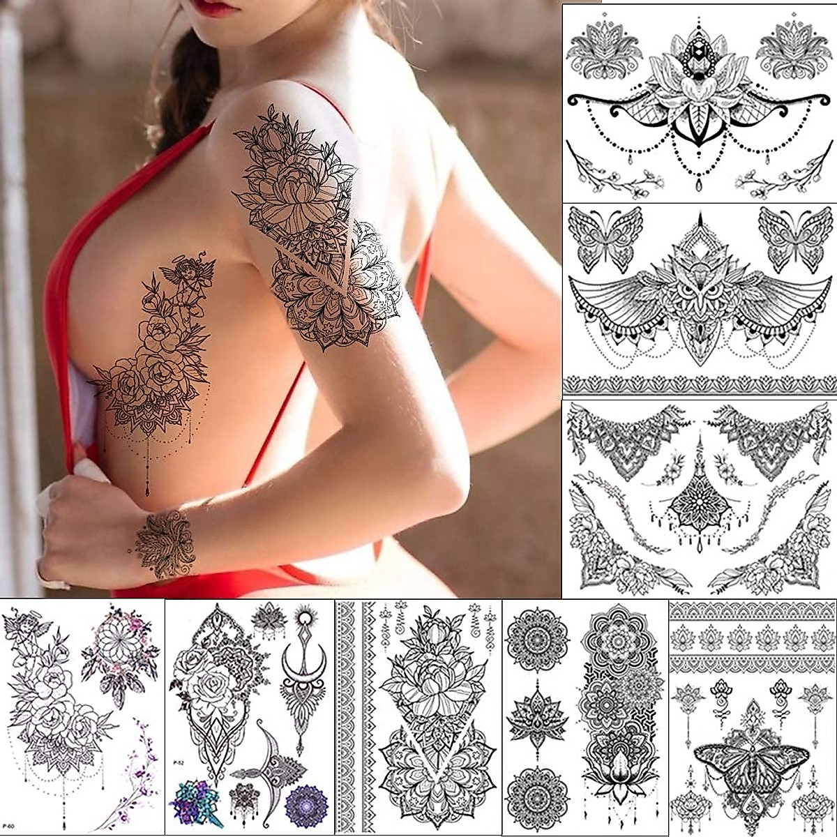 Glaryyears Black Lace Temporary Tattoo for Women Girls, 60+ Patterns 8 Pack Fake Mandara Flowers Tattoos Stickers, Sexy on Body Underboob Arm Chest Shoulder Thigh Abdomen Waist for Beach Party