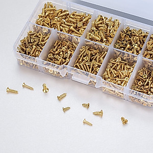 1080 Pcs Small Screws M2/M2.5/M3, Phillips Flat Head Cross Screws, Tiny Gold Self Tapping Screws, Micro Multifunctional Cabinet Electronic Accessories Screws for Woodworking (Carbon Steel Gold)