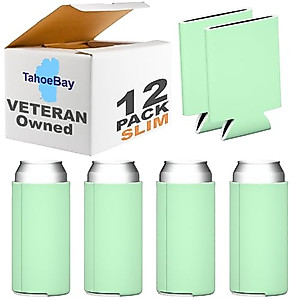 TahoeBay Slim Can Cooler Sleeves (12-Pack) Insulated Polyfoam, Scuba Knit Polyester Fabric Thermocoolers for 12oz Tall Skinny Beverage Cans - Blank Design, Ready for Printing (Mint)