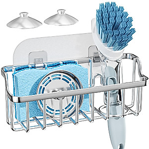 Consumest Sponge Holder for Kitchen Sink with Adhesive Hook & Suction Cups, Rustproof Stainless Steel Sink Caddy, Kitchen Sink Organizer for Sponge, Brush, Sink Stopper - Silver