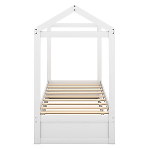 Merax Twin House Bed with Trundle, Twin Size Wooden House Bunk Bed with Support Legs, Can be Decorated for Girls, Boys (White)